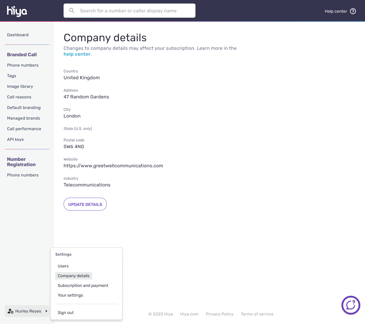 Company details – Hiya Help Center